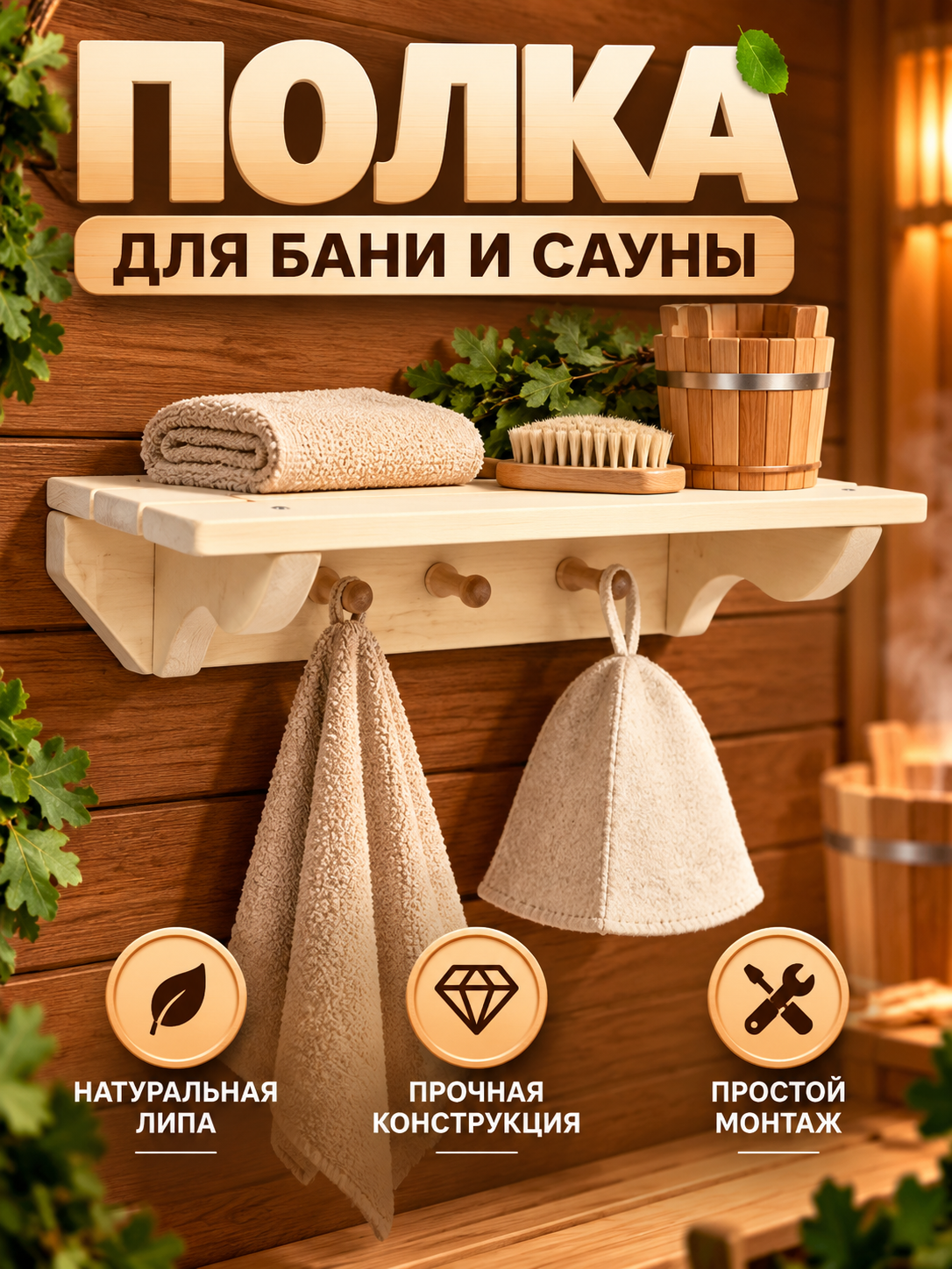 Полка-вешалка для бани и сауны деревянная из липы, настенная, с 3 крючками, для полотенец и банных принадлежностей, 49×10×23 см
