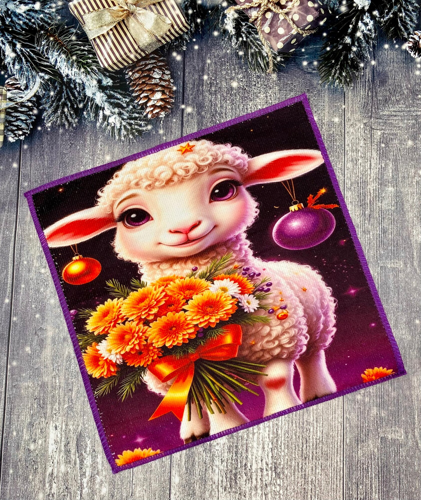 Салфетка, Полотенце кухонное сувенирное 30*30 см микрофибра, для рук и лица в подарок на Новый год, на Рождество, на День рождения с символом года "Красивые овечки"