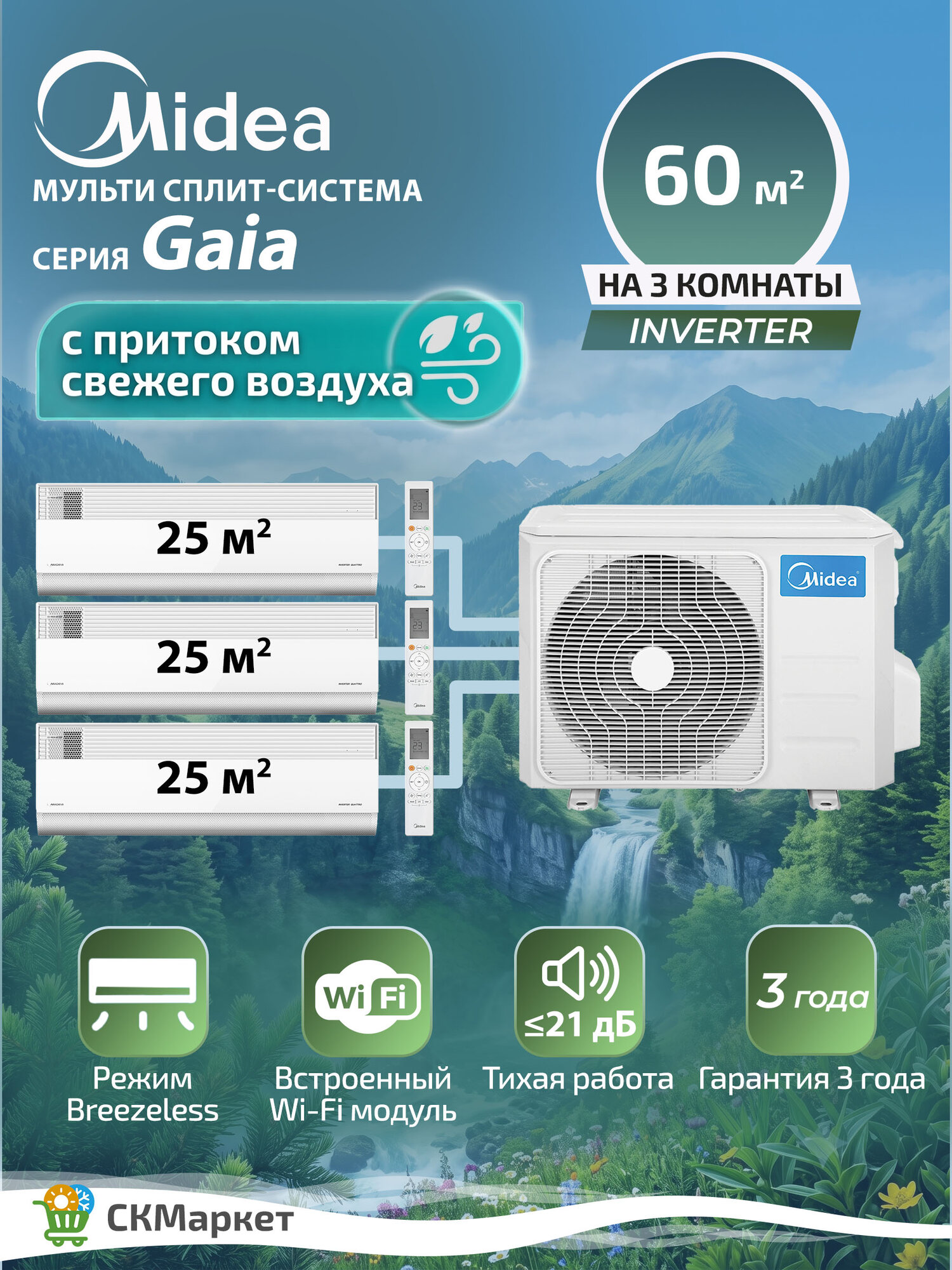 Приточная мульти сплит система кондиционер на 3 комнаты (25+25+25) кв. м. Midea GAIA MMCA1BU-09HRFN8х3/ M3OG-21HFN8-Q1, кондиционер инверторный c притоком воздуха, для помещений 75 кв. м.
