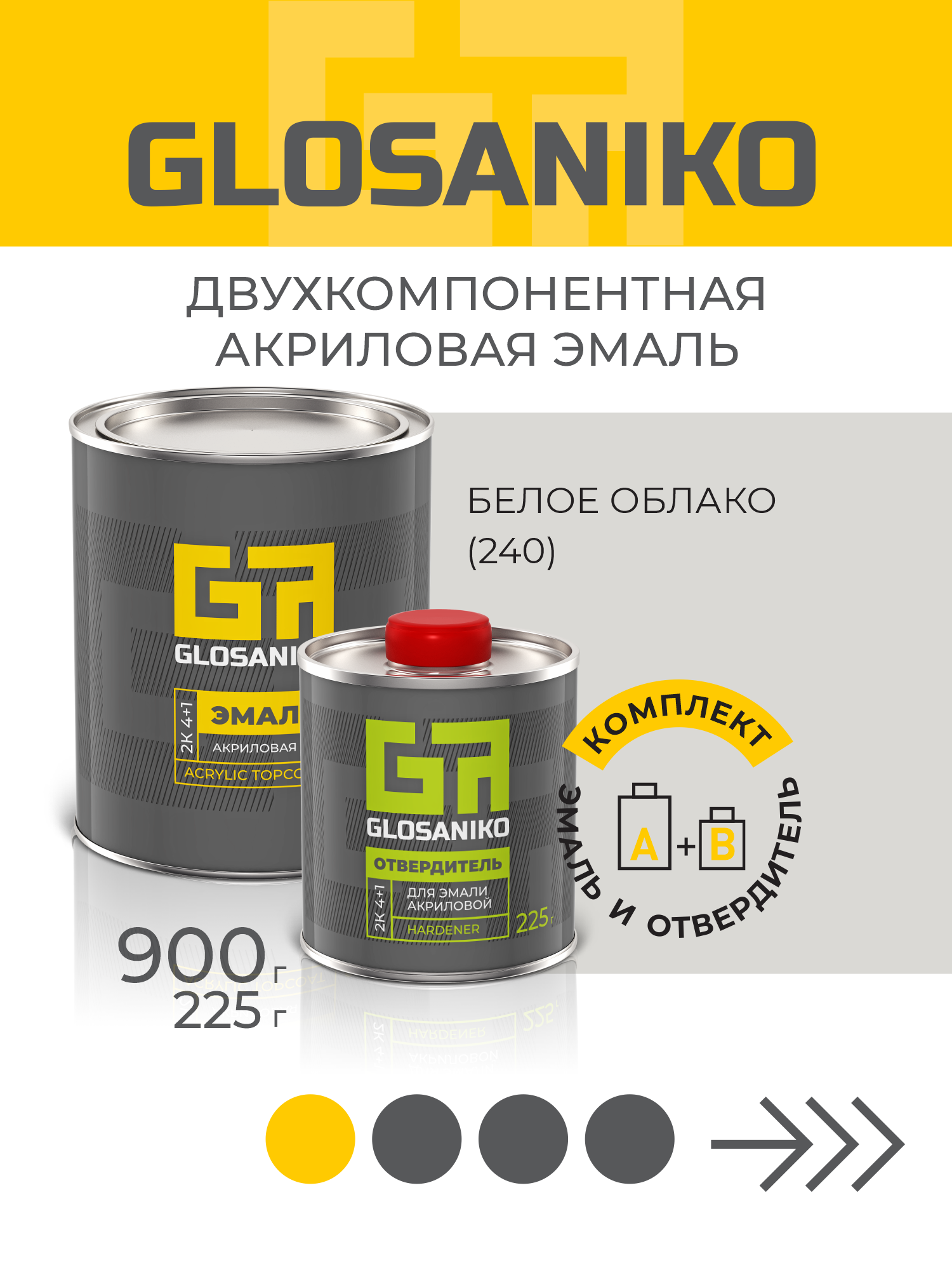 Белое облако 240, комплект эмаль 0,9кг + отвердитель 0,225кг, Glosaniko Акриловая эмаль 2К 4:1