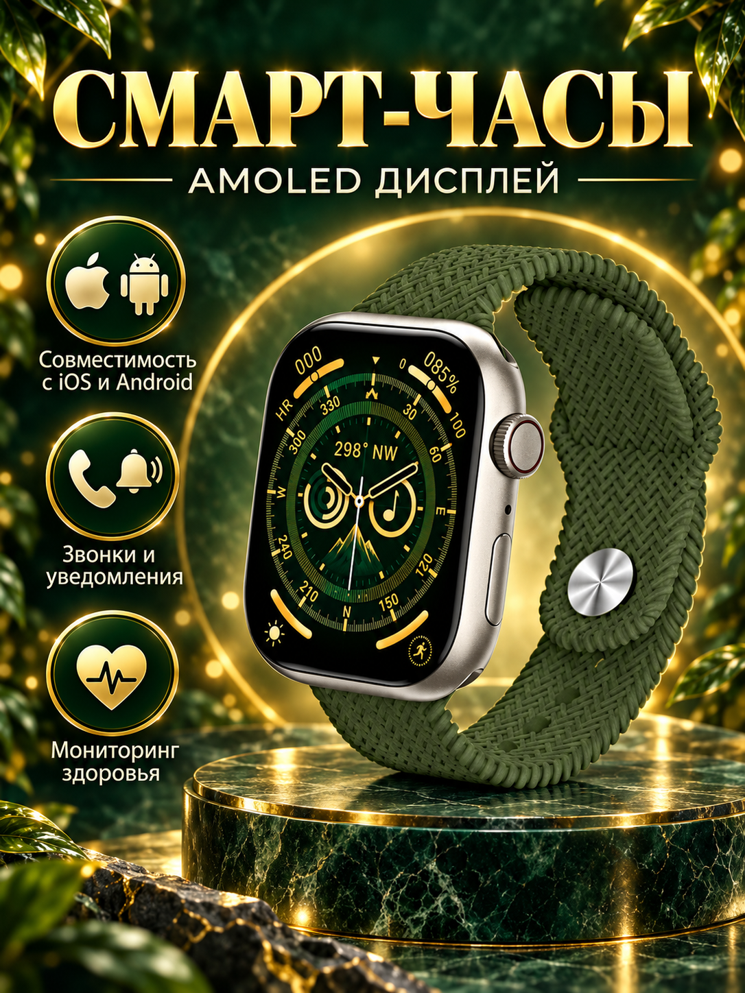 Смарт часы HK9 PRO PLUS Умные часы 45MM Smart Watch AMOLED, iOS, Android, 2 ремешка, ChatGPT, Bluetooth звонки, Зеленый