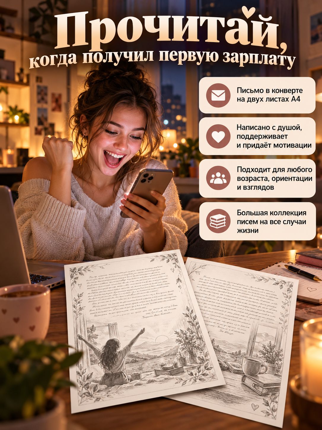 Вдохновляющее письмо "Когда получил первую зарплату", подарок со смыслом, 2 листа А4 в конверте