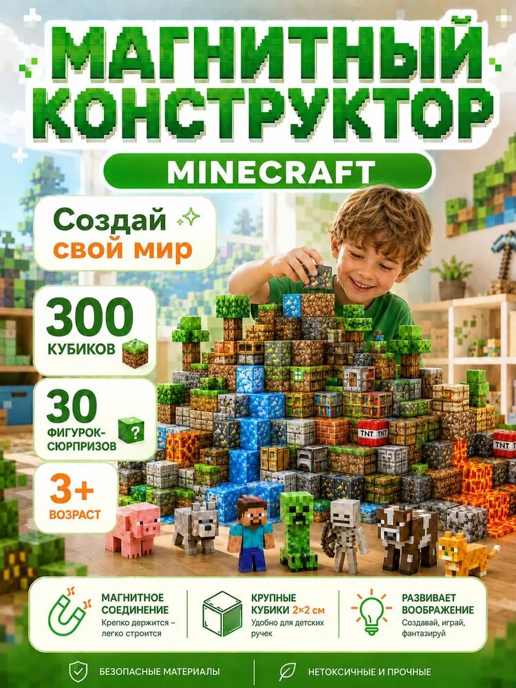 Магнитный конструктор Майнкрафт, 300 деталей (магнитные кубики для детей, развивающий 3D набор Minecraft, подарок мальчику и девочке)