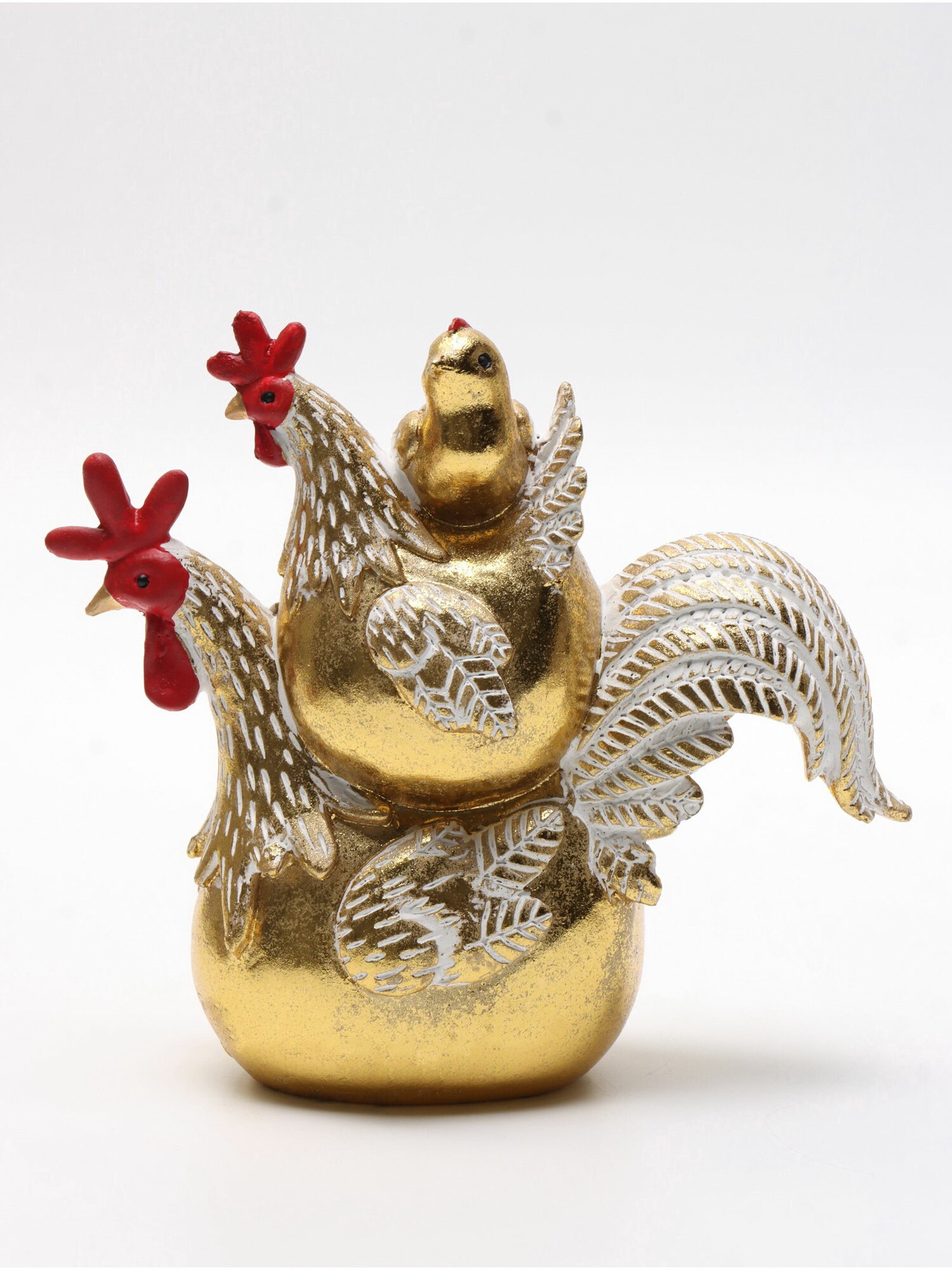Фигурка декоративная "Петушок, курочка и цыплёнок", полистоун, 18x7x16 см, золото с белыми узорами