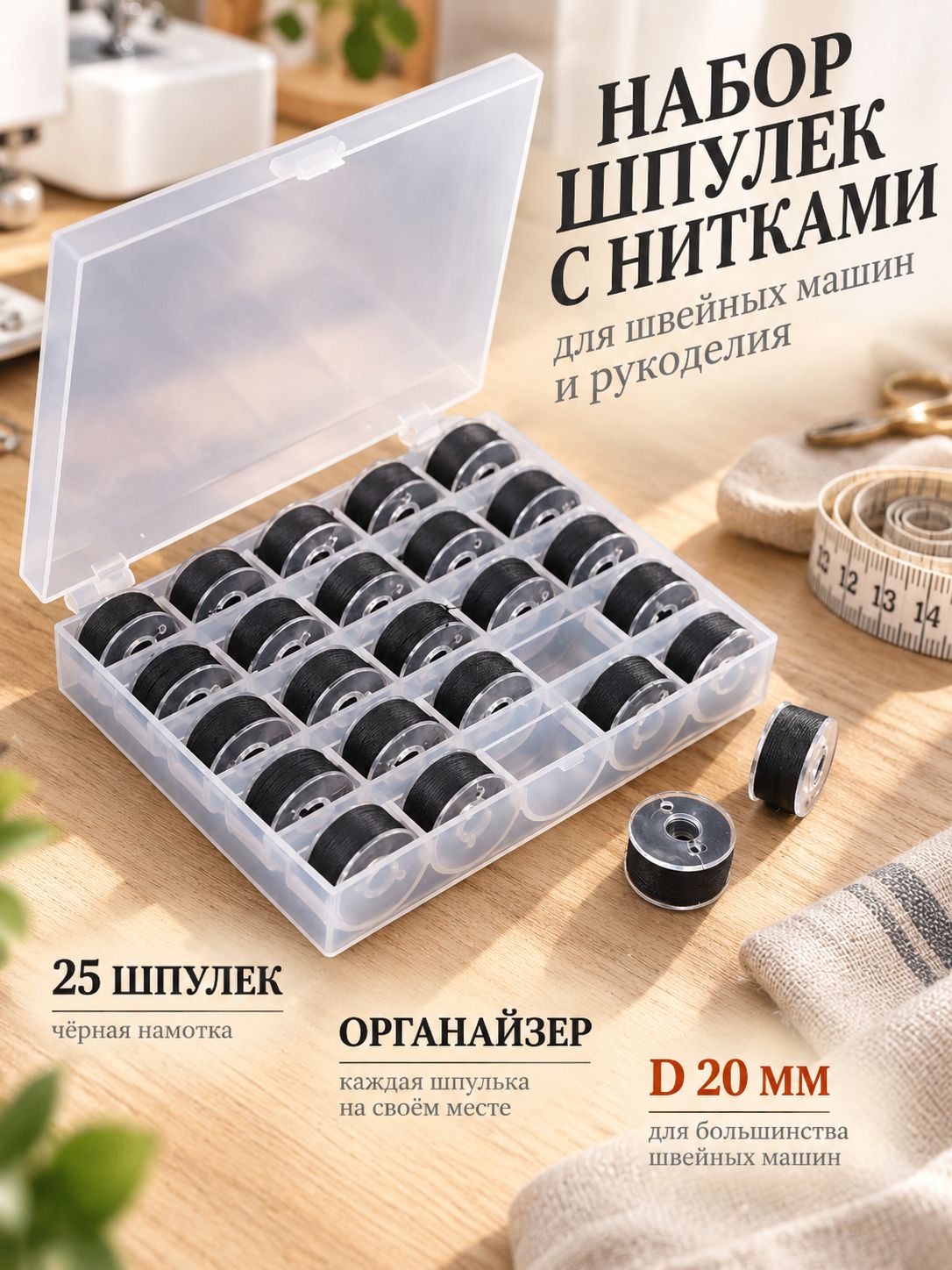 Набор шпулек с нитками, в органайзере, d 20 мм, 25 шт, цвет чёрный