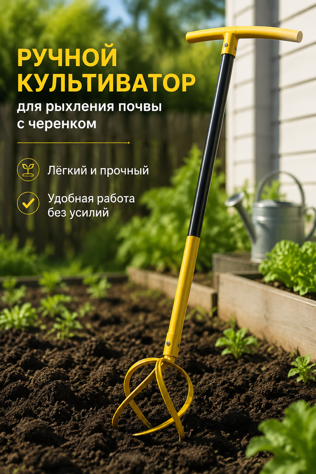 Ручной культиватор для рыхления почвы с черенком, 20 см, сталь