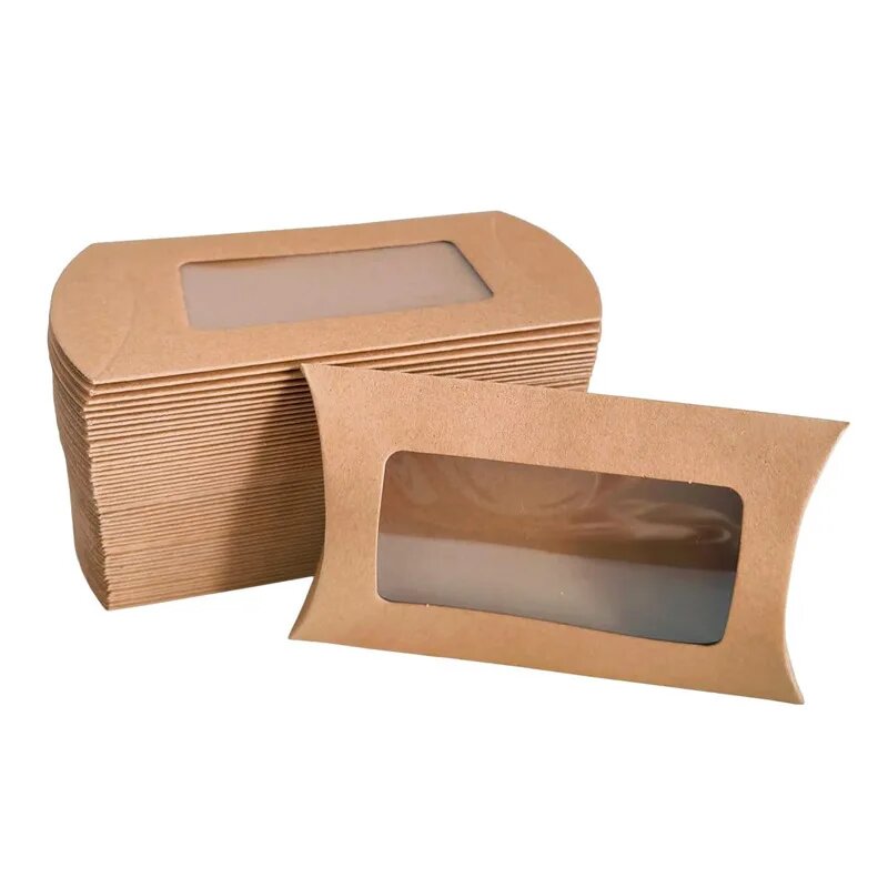 Коробки-подушки из крафт-бумаги с прозрачным окном Коричневый, Kraft Paper, 20Pcs
