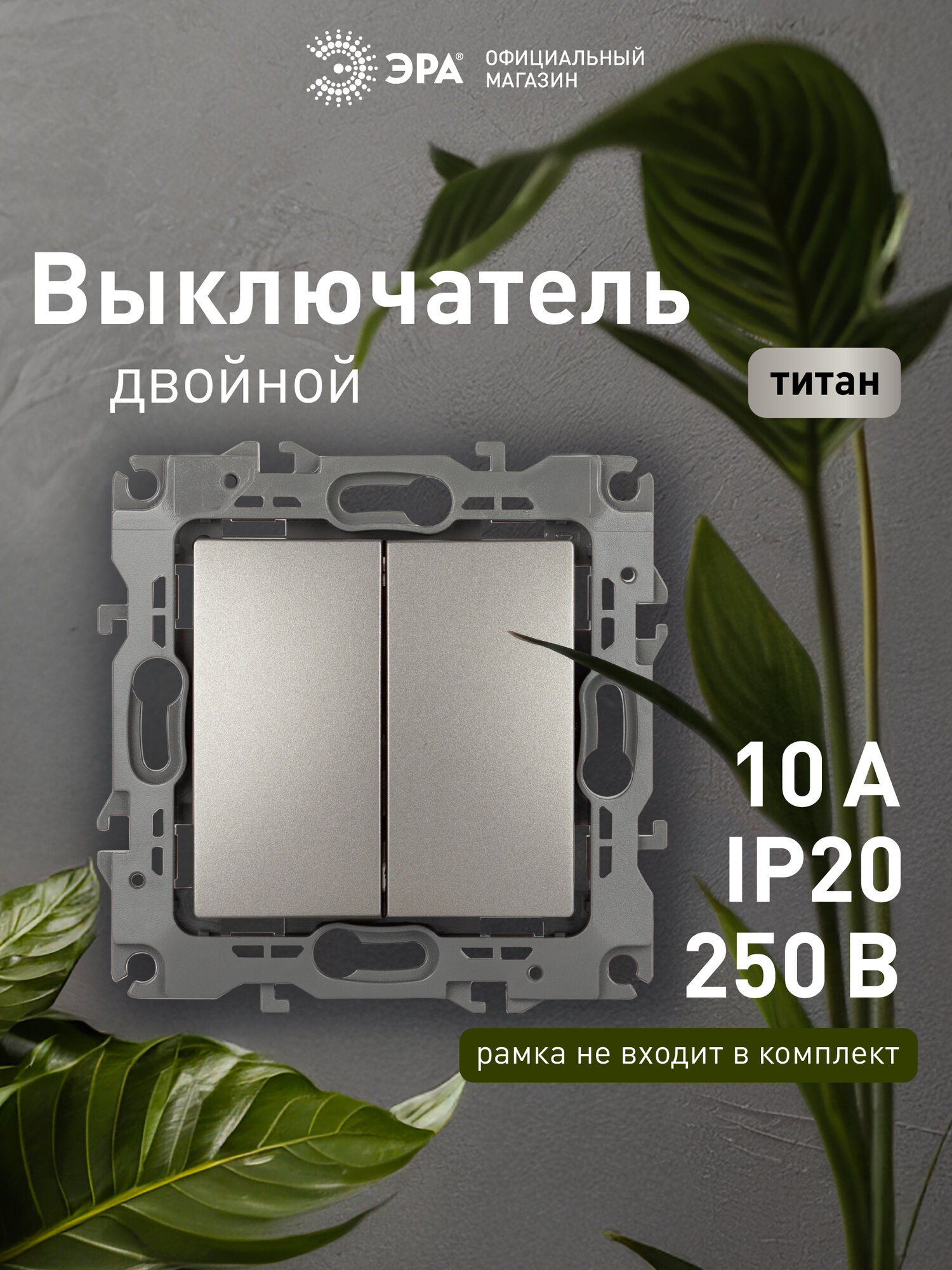 Выключатель двухклавишный встраиваемый ЭРА 12 1104-16, 10АХ-250В, скрытой установки, титан