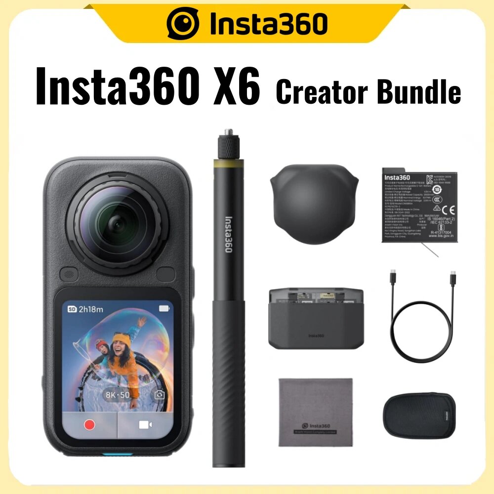 Insta360 X6 панорамная 360° камера 8K, комплект Creator, чёрная, водонепроницаемая 20 м, селфи-палка 114 см