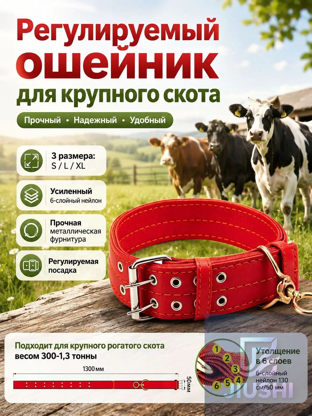 Ошейник для Скота, Коров, Телят, Лошадей 130 см/50 мм 6 слоя нейлон