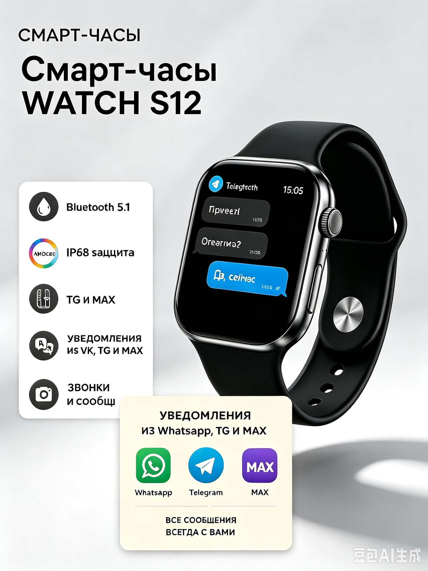 Умные часы WATCH S12 ответ на сообщения (WhatsApp/Telegram/MAX), беспроводная зарядка смарт-часы
