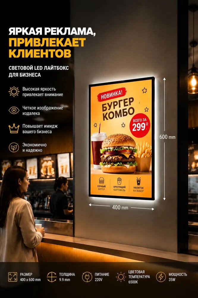 Световой короб настенный магнитный, световая LED панель для рекламы 400х600 мм, ультратонкий лайтбокс для меню кафе и магазина