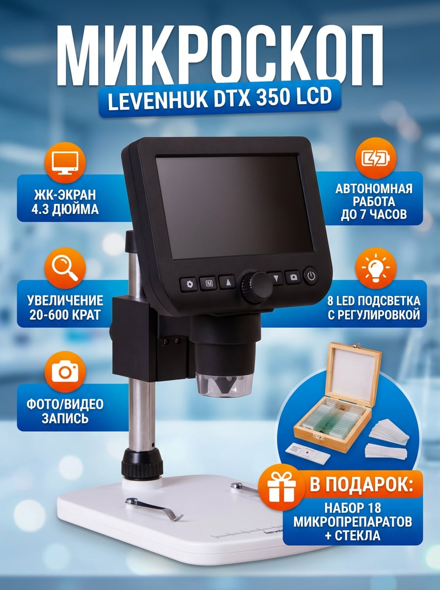 Микроскоп цифровой Levenhuk DTX 350 LCD в комплекте с набором готовых микропрепаратов Levenhuk N18 NG