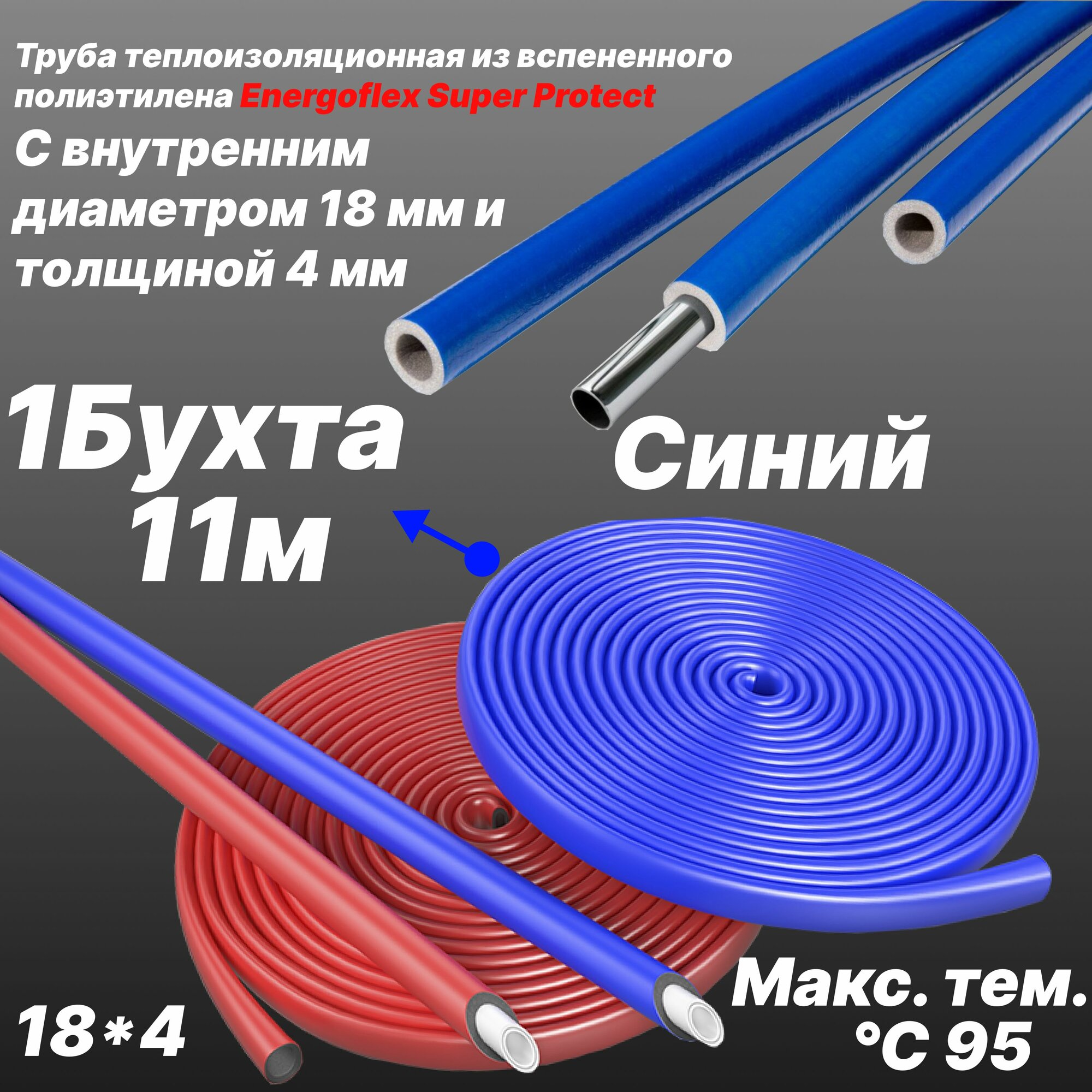 Труба теплоизоляционная из вспененного полиэтилена 18/4 -Синий- Energoflex Super Protect - 11м (1 Бухта)