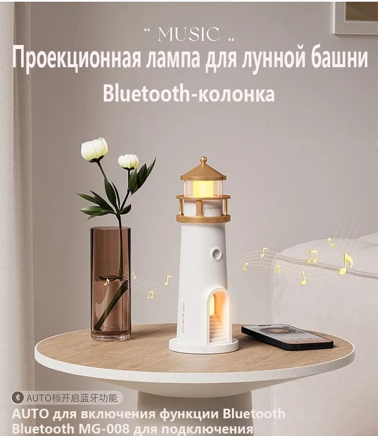 Светильник-проектор "Music" с Bluetooth-колонкой, настольный, голубой, 1.5 Вт