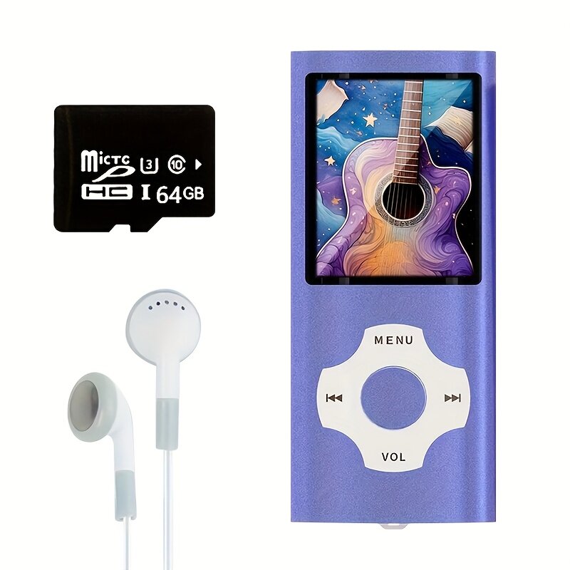 MP3-плеер фиолетовый с картой памяти 64 ГБ и наушниками, ультратонкий дизайн, высококачественный звук, поддержка музыки, видео и электронных книг