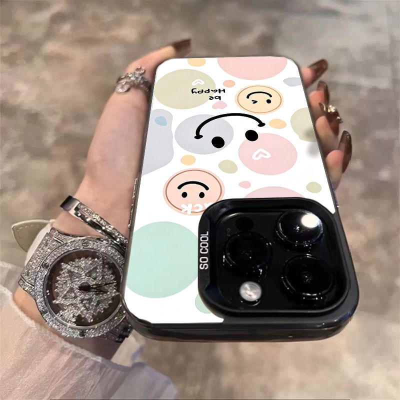 Чехол на Aйфон 11 / IPHONE 11 черный с пастельными цветными кругами и крупным смайликом be happy Противоударный