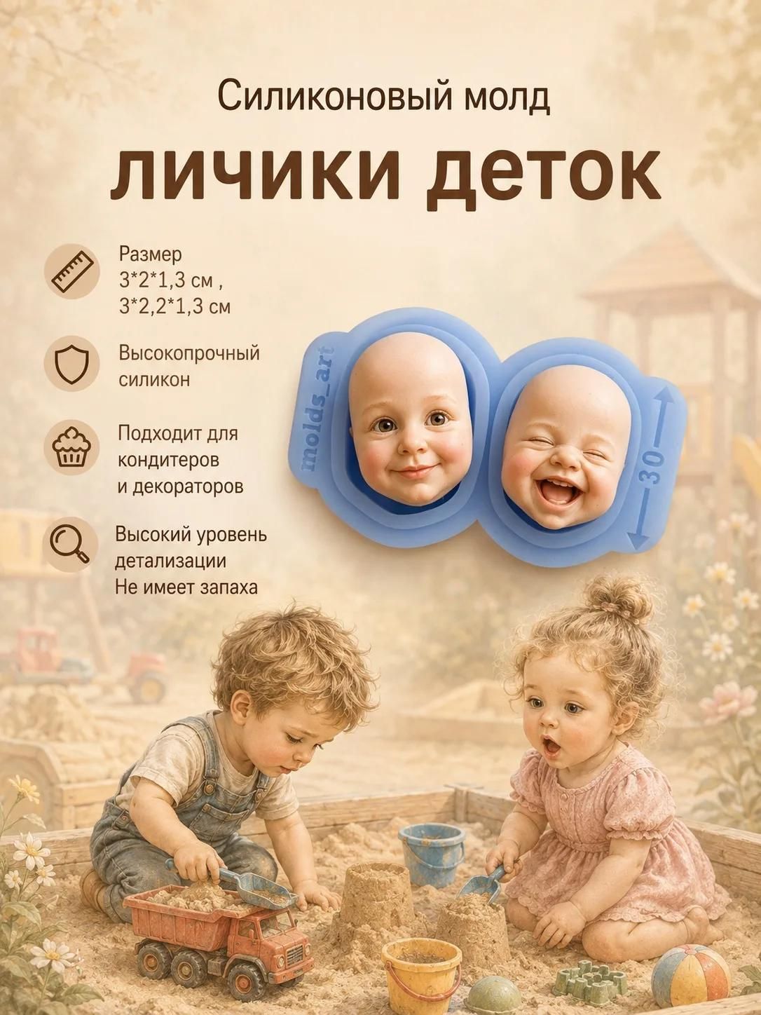 Силиконовый молд (форма) лица для ватной игрушки