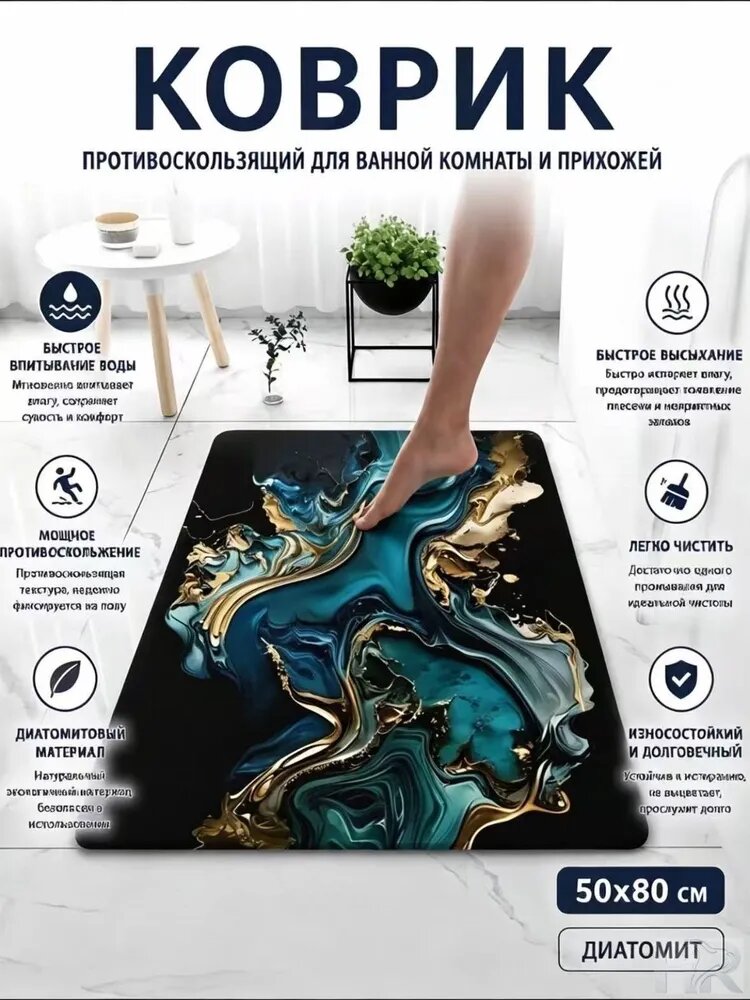 Коврик для ванной 80x50 см 2 мм мрамор бирюзовый