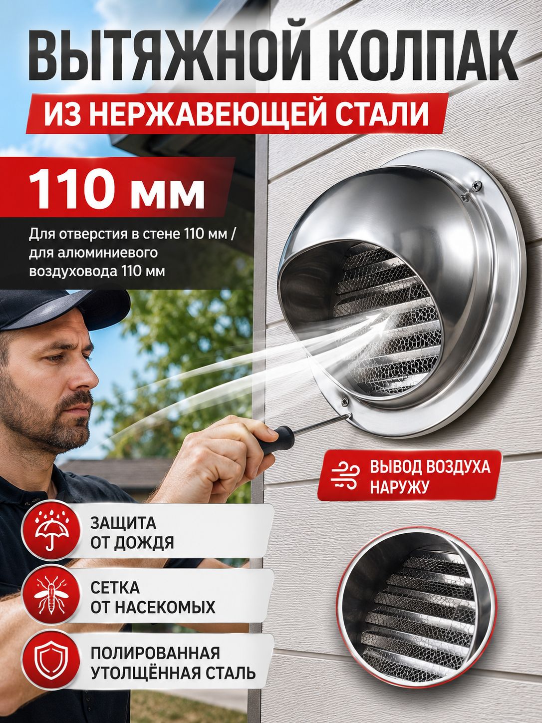 Вентиляционный колпак из нержавеющей стали + защитная крышка для вытяжки, кухни, ванной и туалета
