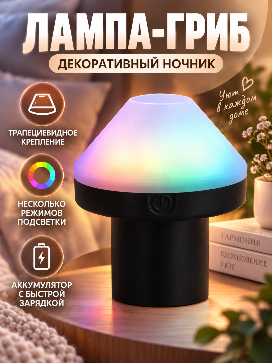 Лампа‑гриб для бутылки аккумуляторная RGB ночник с режимами подсветки для дома и террасы