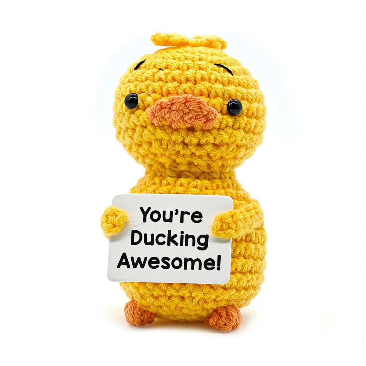 Вязаная фигурка утки ручной работы с мотивационным текстом карточка декор для стола подарок для близкого человека небольшой сувенир, KT001-2