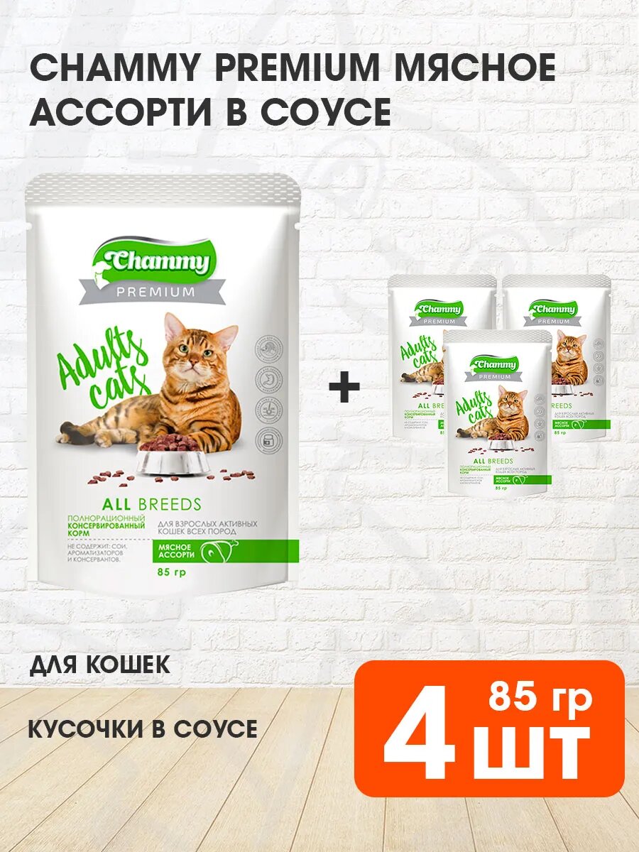 Корм влажный Chammy Premium для взрослых кошек, мясное ассорти в соусе, 85 г 4 шт