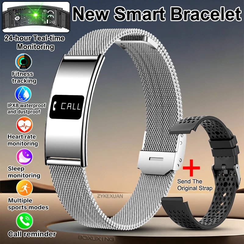 Smart Bracelet Men Fitness Tracker GPS IPX8 Silver Mesh Belt