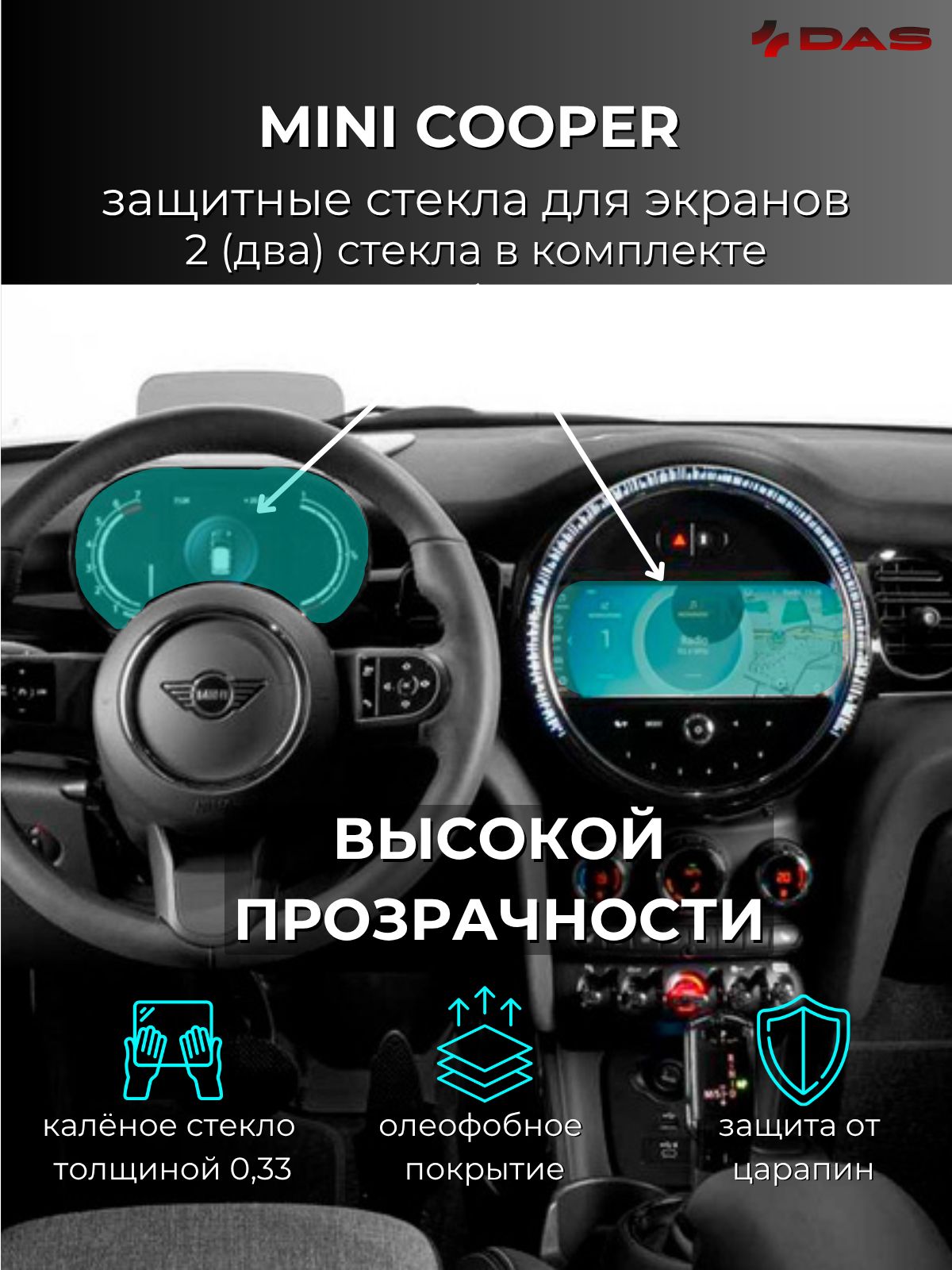 Комплект защитных стёкол для дисплея магнитолы и приборной панели Mini Cooper / Мини Купер 2021-2023 г. в