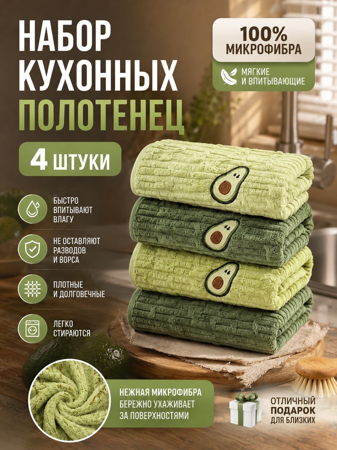Полотенце кухонное 30x30 велюровая фактура микрофибра светло-зеленый, светло-желтый