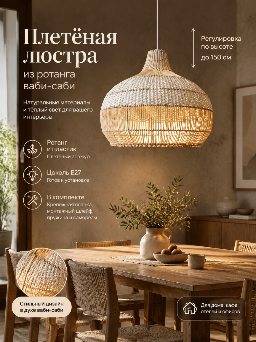 Плетёная люстра из ротанга ваби-саби: ручная работа, цоколь E27, регулировка высоты, 30 см