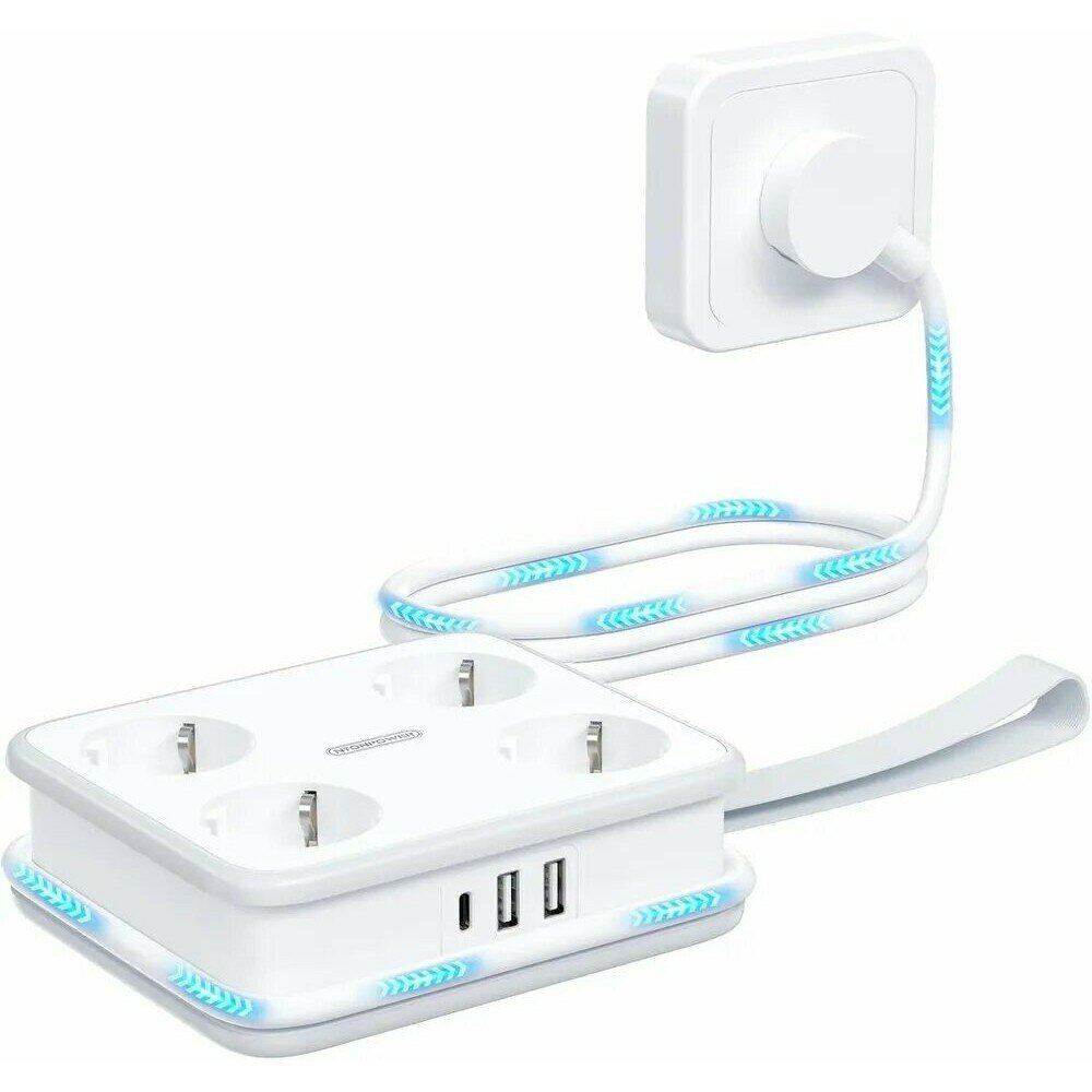 Удлинитель сетевой с 4 розетками, 2 USB-A и 1 USB-C, кабель 1,6 м, белый