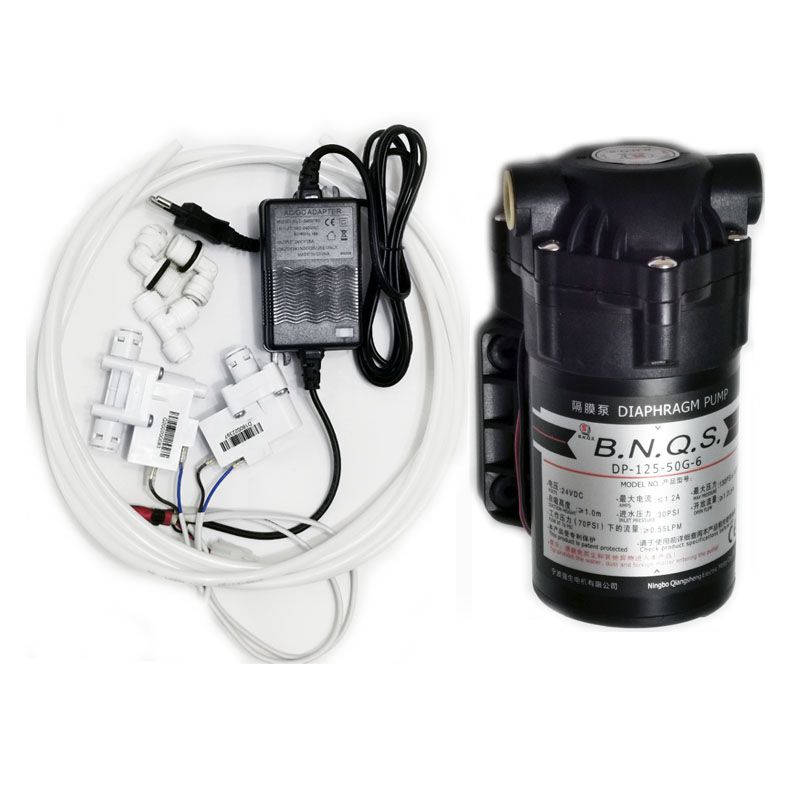 Насос B.N.Q.S. DP-125-50G-6 (помпа) с фитингами на трубку 1/4" (6,5мм) , блоком питания 24В 1,5А и набором датчиков, для фильтра с обратным осмосом Родничок.