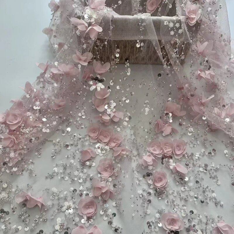 Кружевная сетка с объемными розами, Pink