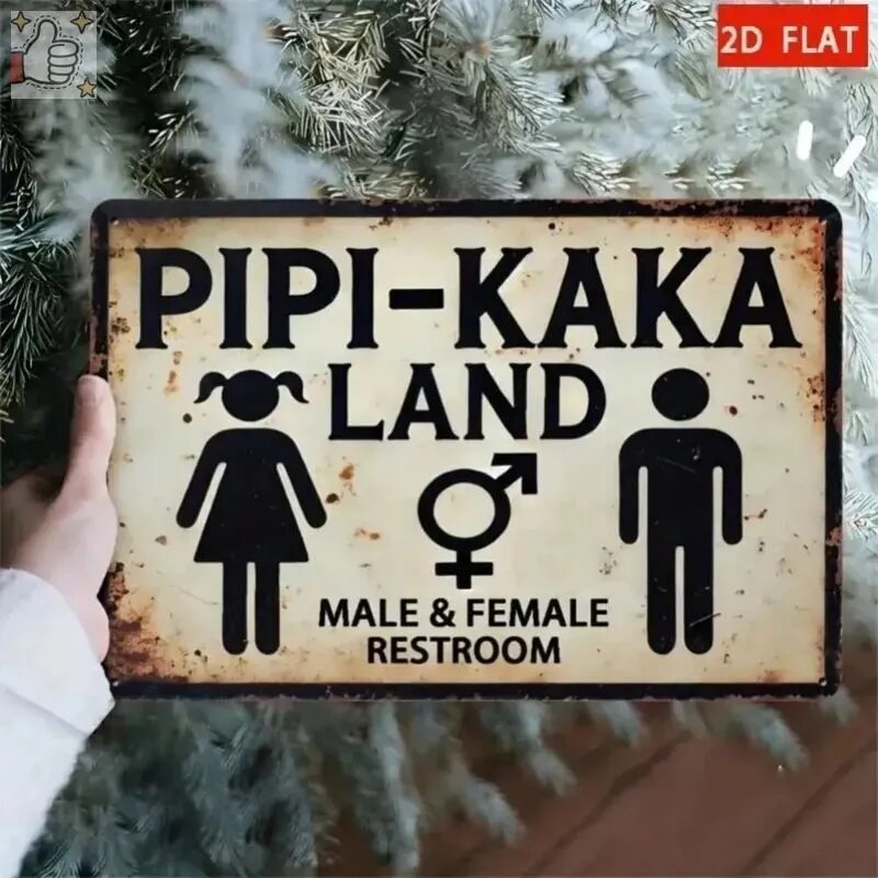 Табличка "Pipi-Kaka Land: Male & Female Restroom" с иконками мужчин и женщин, ретро стиль, металл, юмористический декор для ванной и дома, 30 20 см.