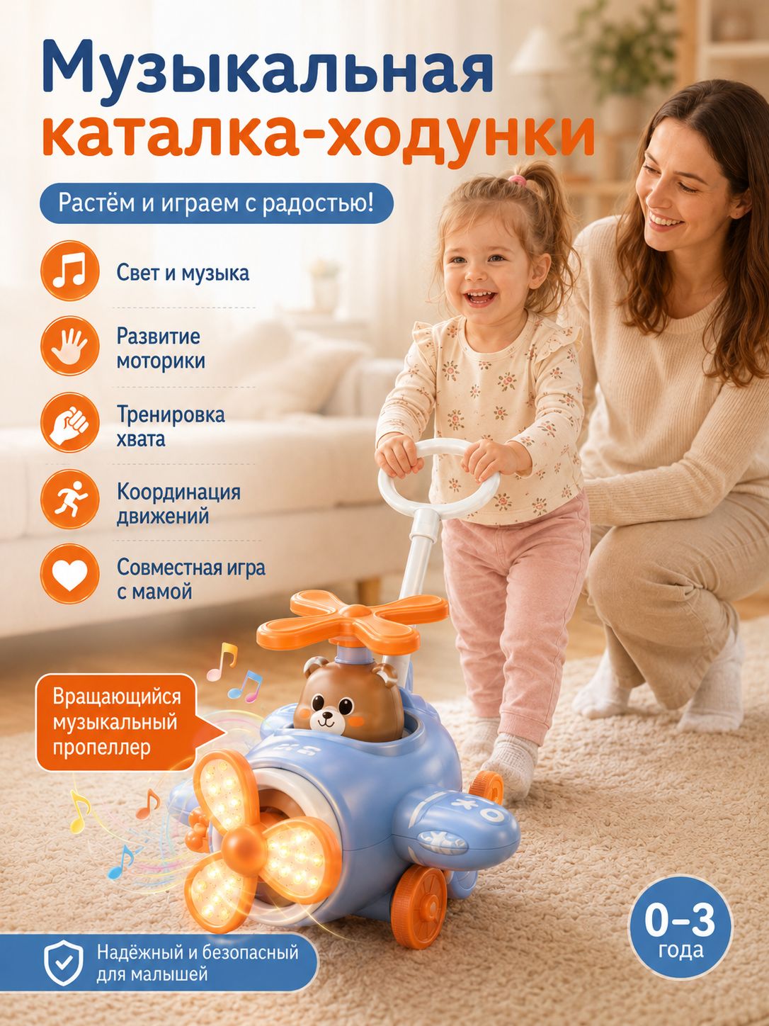 Музыкальная каталка-ходунки для малышей 03 лет, с подсветкой и вращающимся пропеллером, синяя