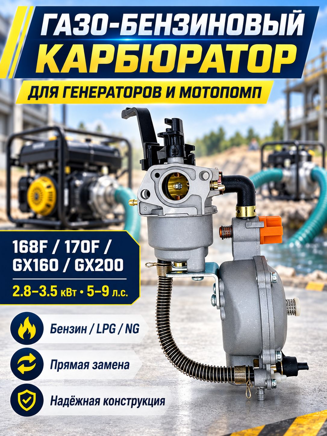 Карбюратор с газовым редуктором газбензин для генератора 168F170F 3 кВт бензиновой электростанции