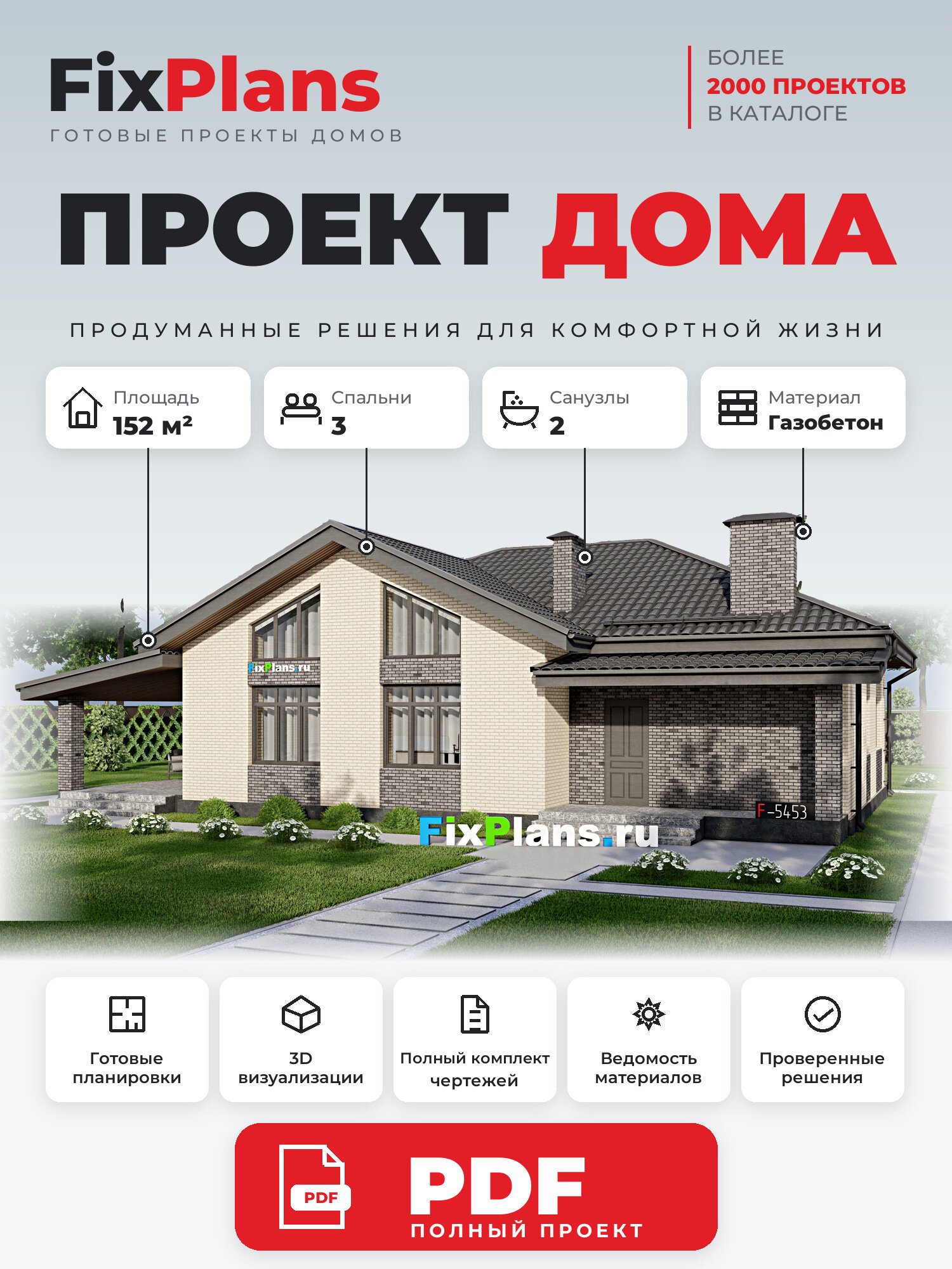 Проект дома FIXPLANS. Одноэтажный. Площадь 144.4 м2 F-5453 Размер 15.28 х 11.28