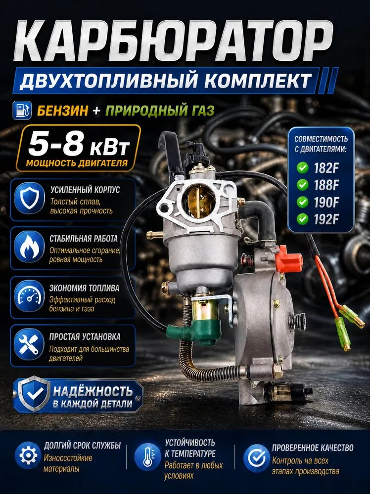 Карбюратор Газ и Бензин для генератора, электростанций 5, 6, 7, 8 кВт (182F, 188F, 190F, 192F) с Редуктором
