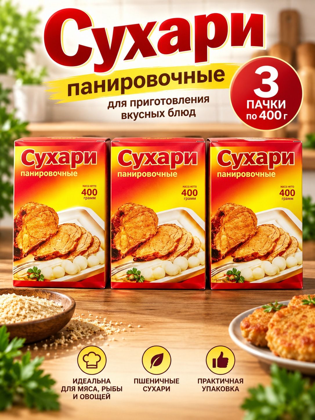 Набор сухари 3 пачки по 400 грамм набор панировочные для приготовления блюд в панировке 3 штуки