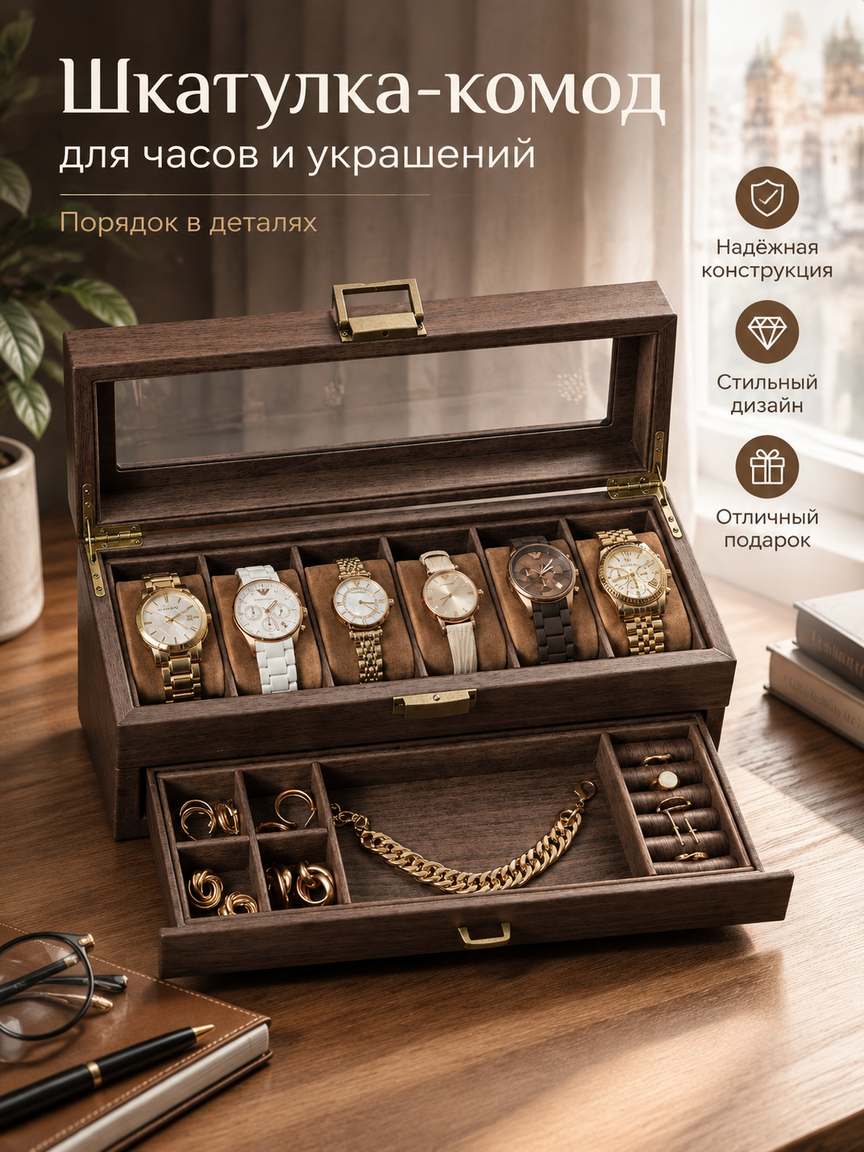 Шкатулка-комод для часов и украшений, 6 отсеков, выдвижной ящик, стеклянная крышка, коричневый