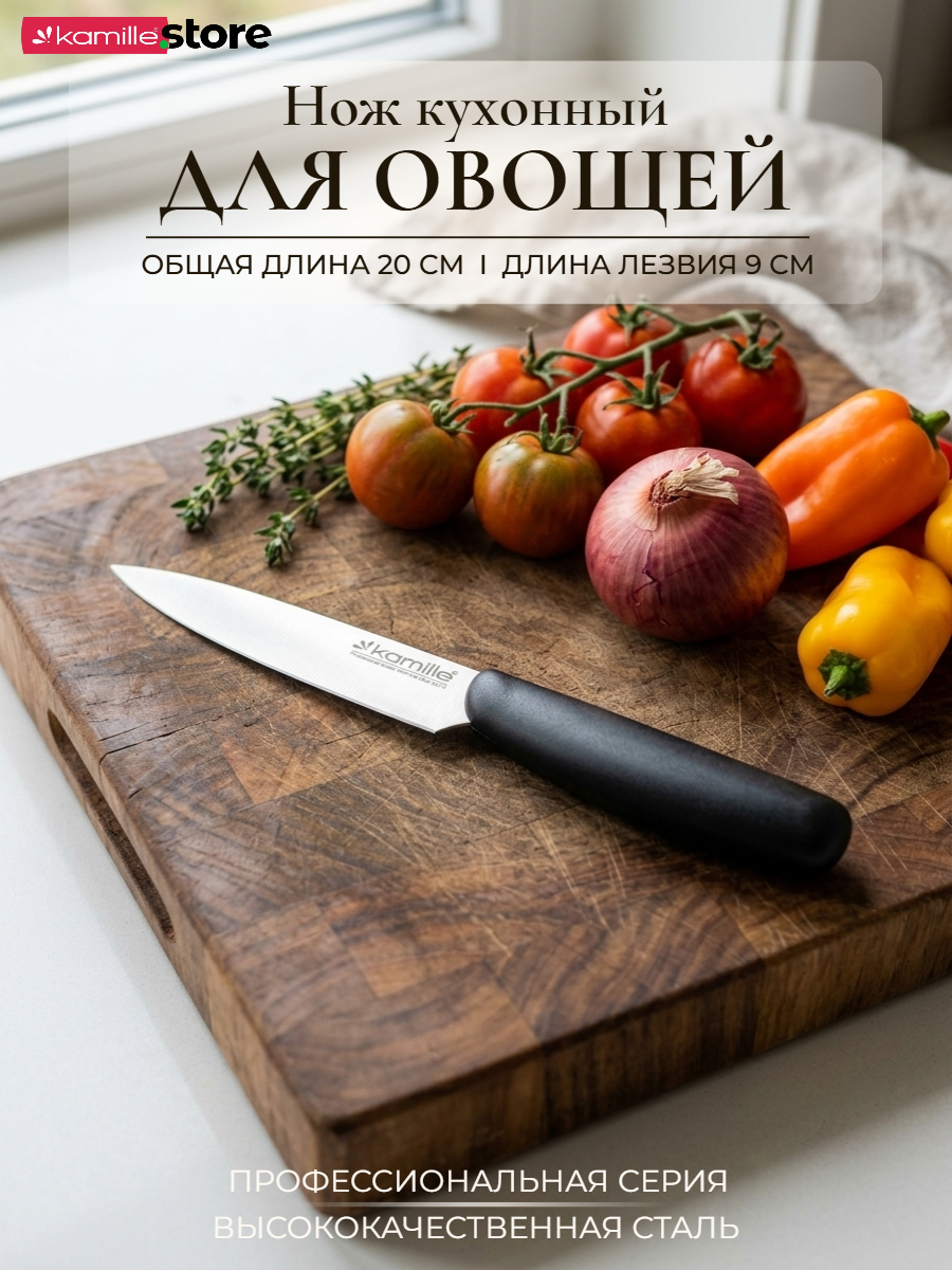 Нож кухонный для овощей Kamille КМ5175 из нержавеющей стали, длина лезвия 9 см. (серебристый)