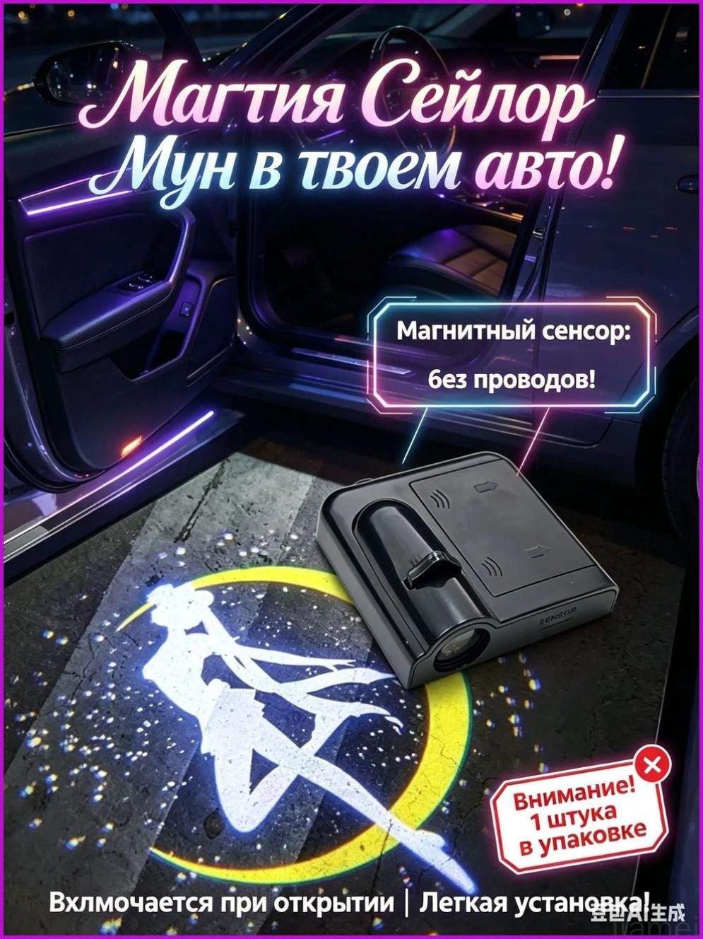 Беспроводная подсветка двери автомобиля, LED проектор в дверь авто Сейлор Мун (Аниме), лазерный фонарь с магнитным датчиком (1 шт)