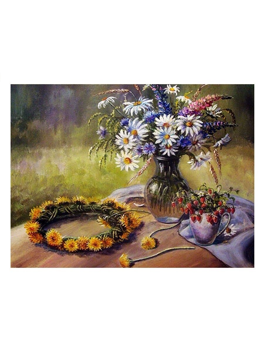 Алмазная мозаика на подрамнике/ Картина стразами/ Алмазное хобби "Полевые цветы и венок из одуванчиков" 40х50 см, сложность 5, цветов 22/ Komas