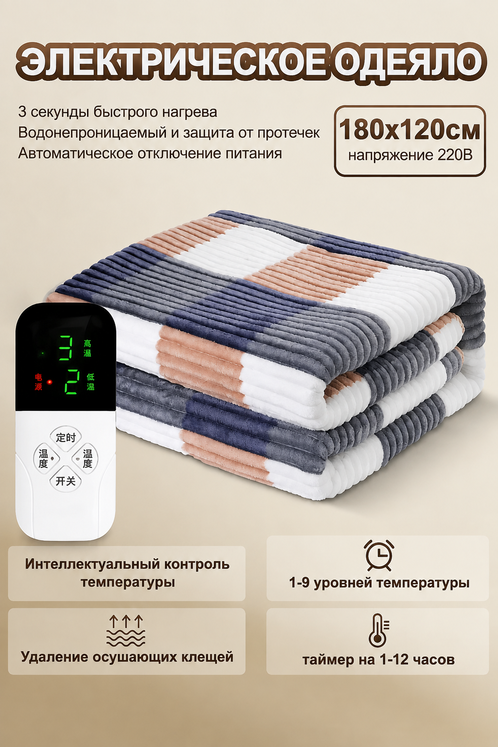 Одеяло с подогревом электрическое инфракрасное 120х180 см с тремя температурными режимами светлая клетка ребристый флис