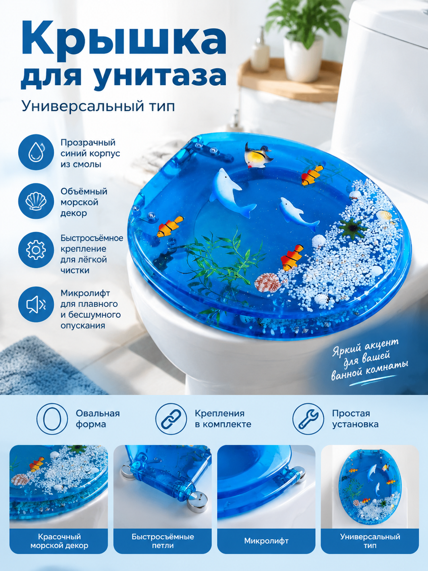 Универсальная овальная крышка для унитаза с микролифтом, прозрачная синяя с морским декором