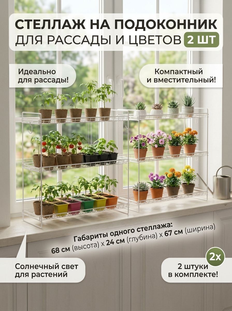 Стеллаж для рассады ЭКО на подоконник, полка для цветов на окно 2 шт. 24,5х67.5х68,5 см