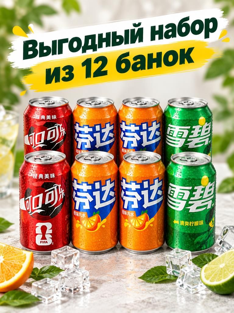 Набор 12шт (Кола-Фанта-Спрайт-Кола без сахара по 3 шт) 330мл ж/б Китай