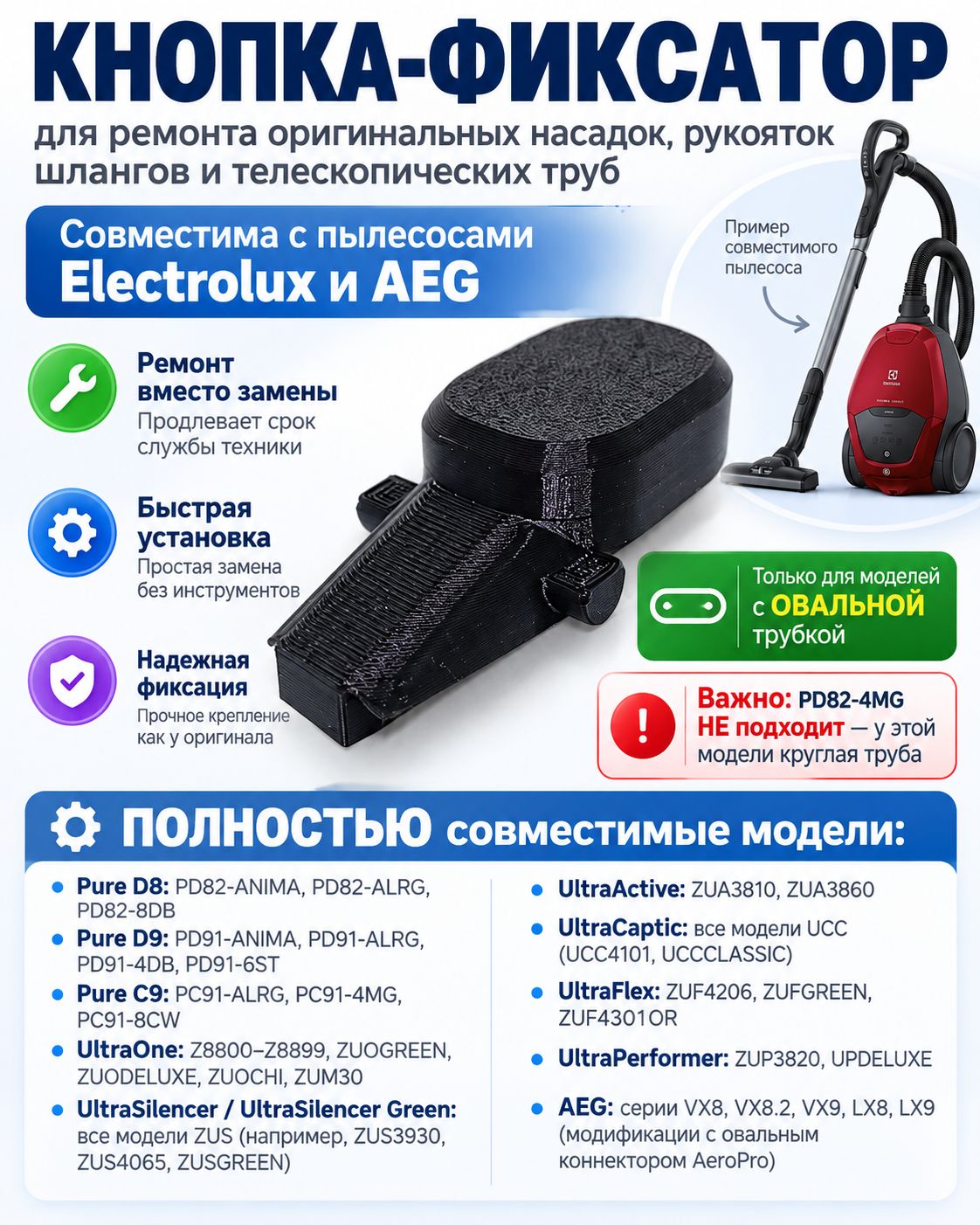 Кнопка-фиксатор насадки и шланга для пылесосов Electrolux AEG с овальной трубкой AeroPro MaxPick, защелка щетки