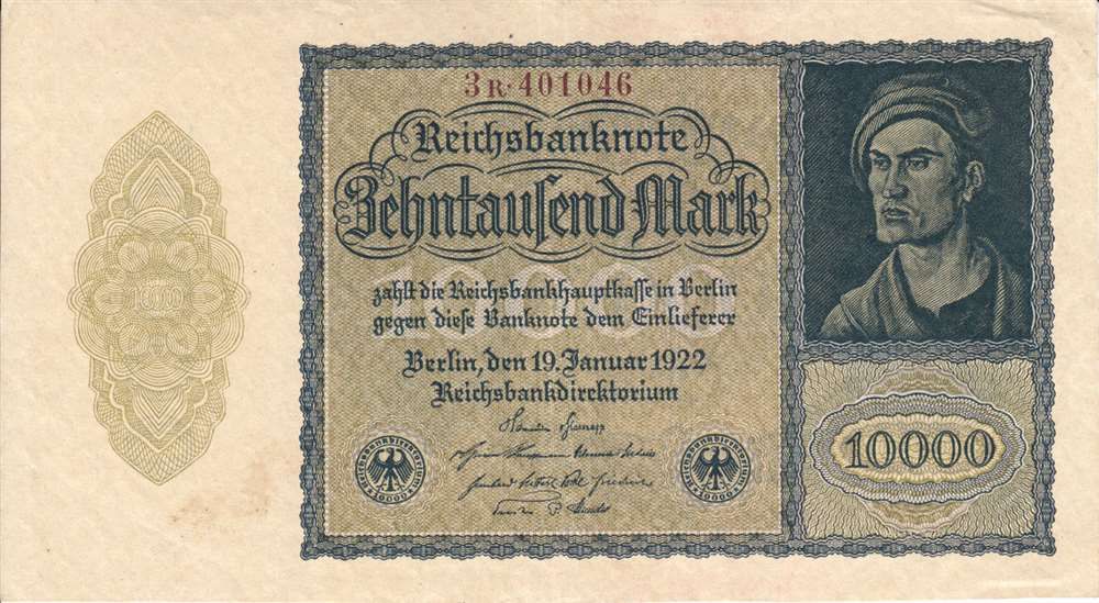 1922 Малый тип Банкнота Германия 10 000 марок Дюрер Мужской портрет 1-й выпуск XF